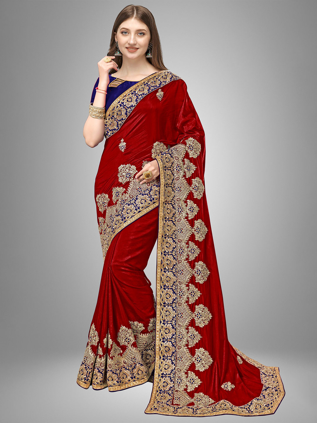 Buy Trendmalls Red & Blue Ethnic Motifs Embroidered Pure Silk Saree ...