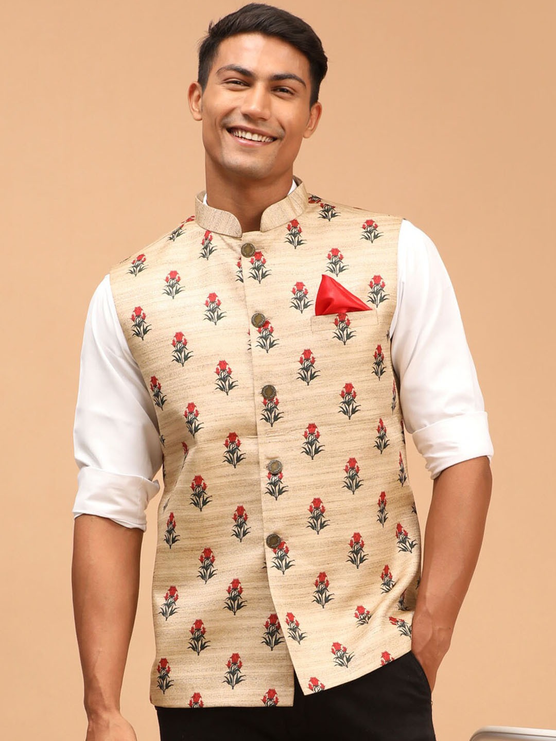 Buy VASTRAMAY Men Beige Printed Nehru Jacket - Nehru Jackets for Men ...