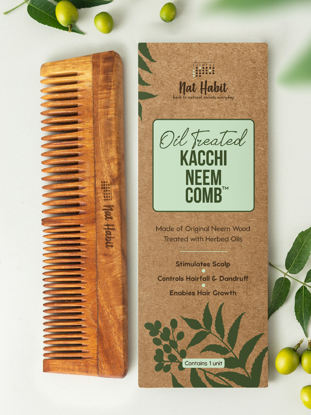Buy Nat Habit Dual Tooth Kacchi Neem Wooden Comb For Hair Growth Frizz ...