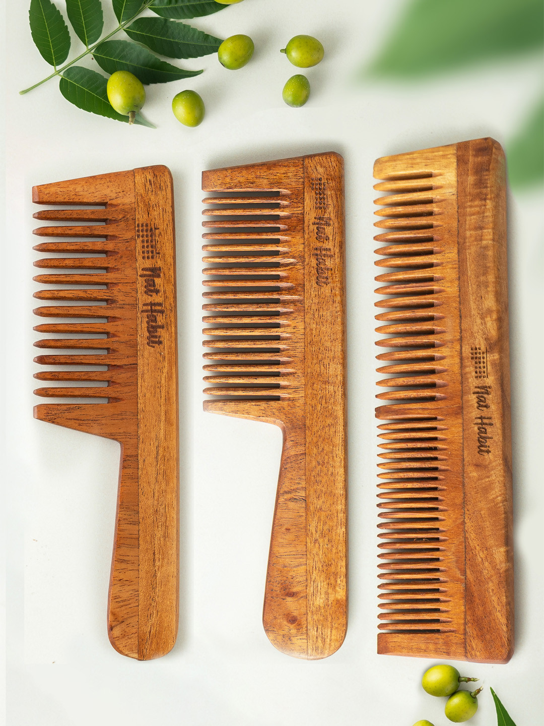 Buy Nat Habit 3Pcs Kacchi Neem Wooden Comb Helps Control Frizz Dual ...