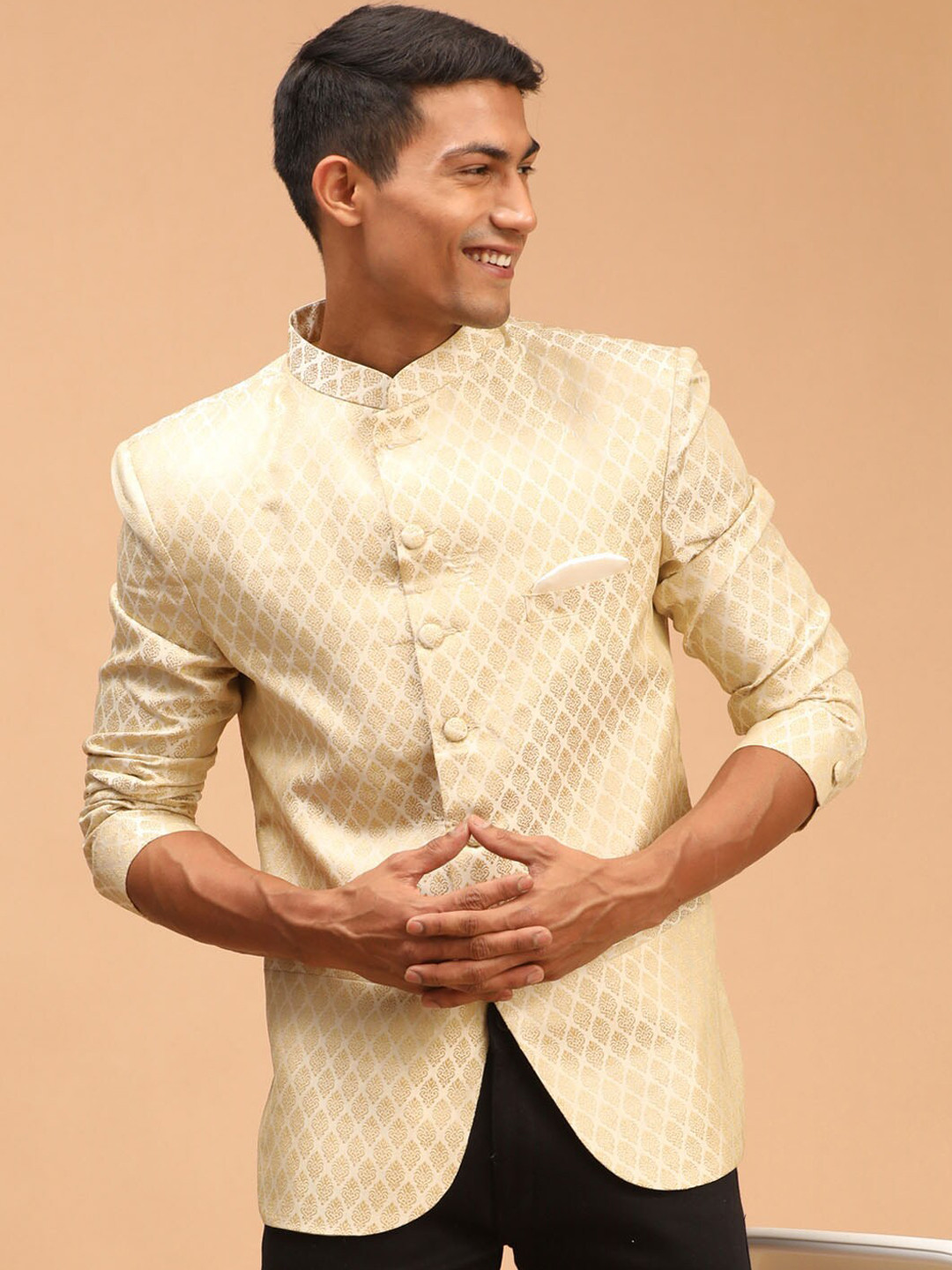 Buy VASTRAMAY Men Cream Colored Self Design Slim Fit Single Breasted ...