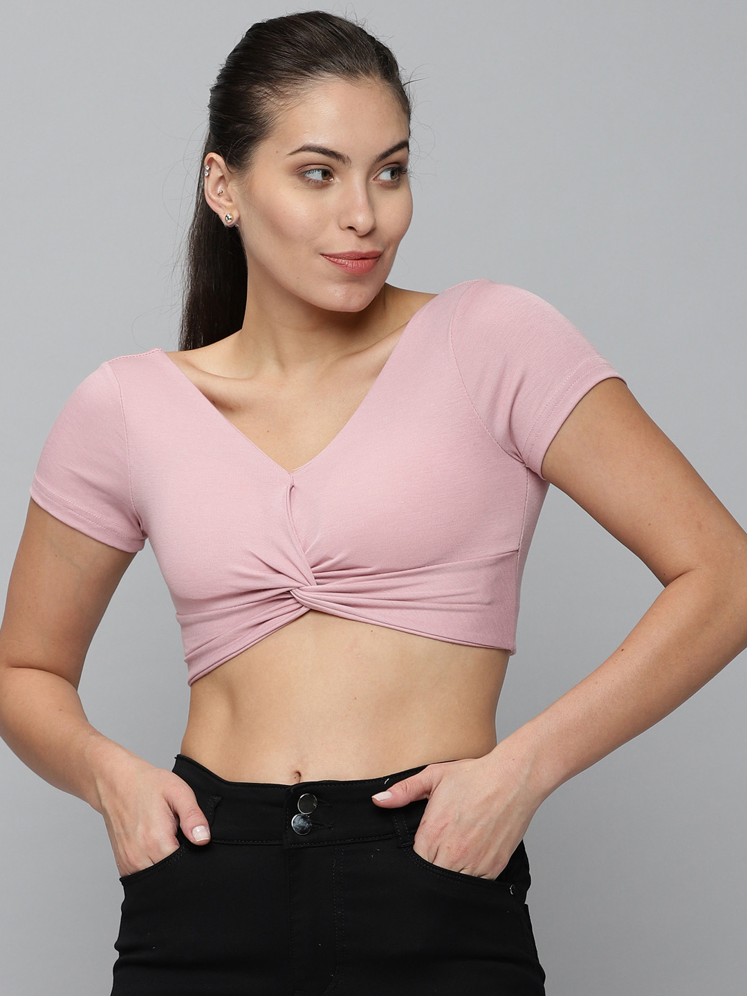 Buy SHOWOFF Mauve Solid V Neck Twisted Crop Top - Tops for Women 19885914 | Myntra