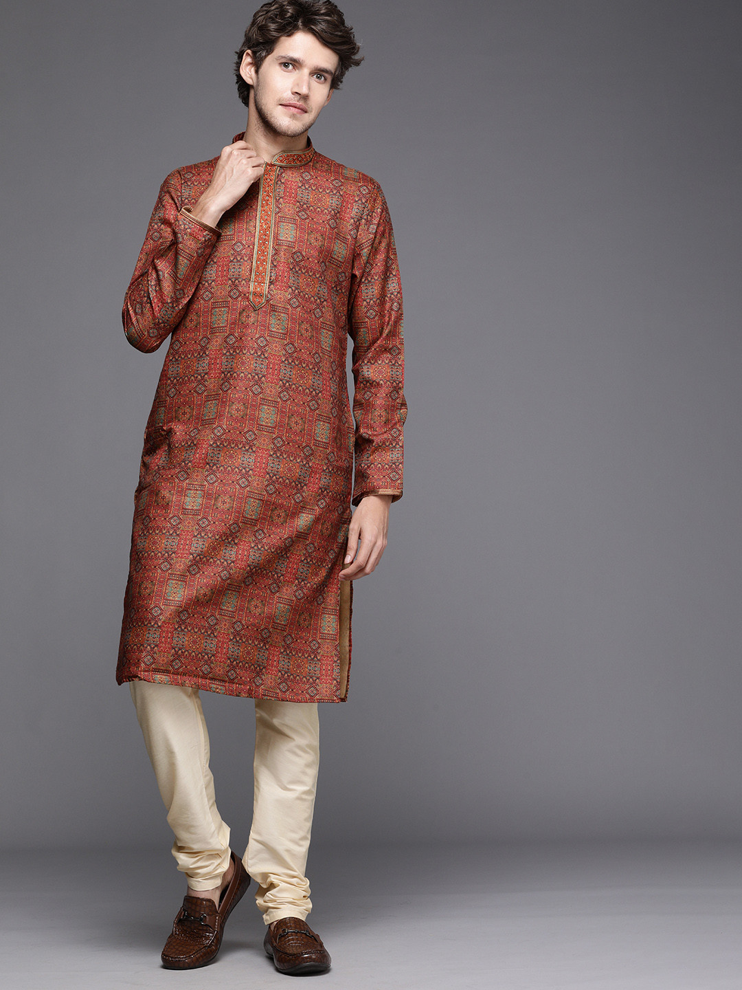 Buy Manyavar Men Rust Red Ethnic Motifs Woven Design Kurta With ...