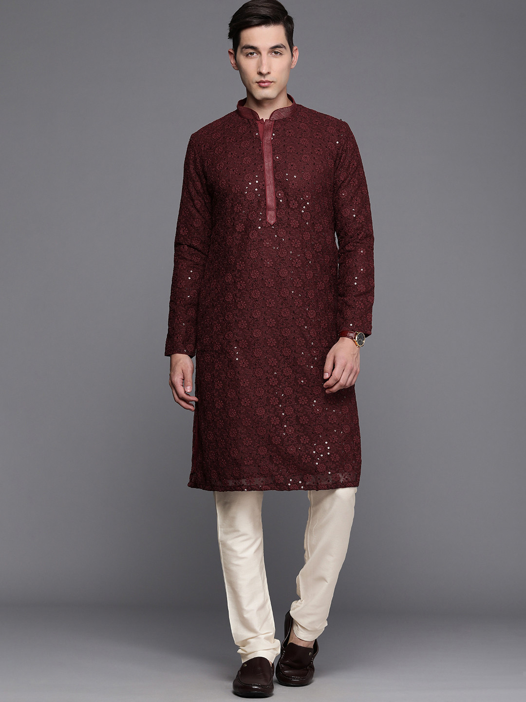 Buy Manyavar Men Maroon & Off White Ethnic Motifs Embroidered Sequinned ...