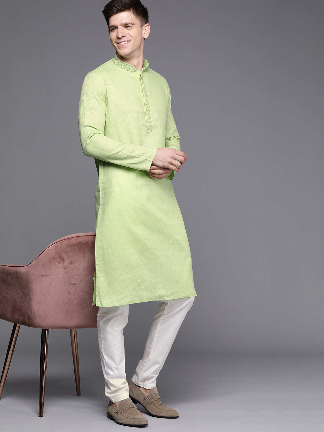 Buy Manyavar Men Green Solid Kurta With Churidar - Kurta Sets for Men ...