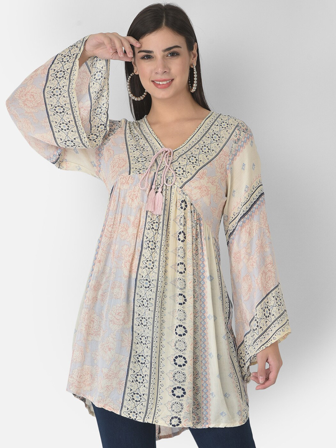 Buy VELDRESS Turquoise Blue & Pink Print Tie Up Neck Longline Top ...