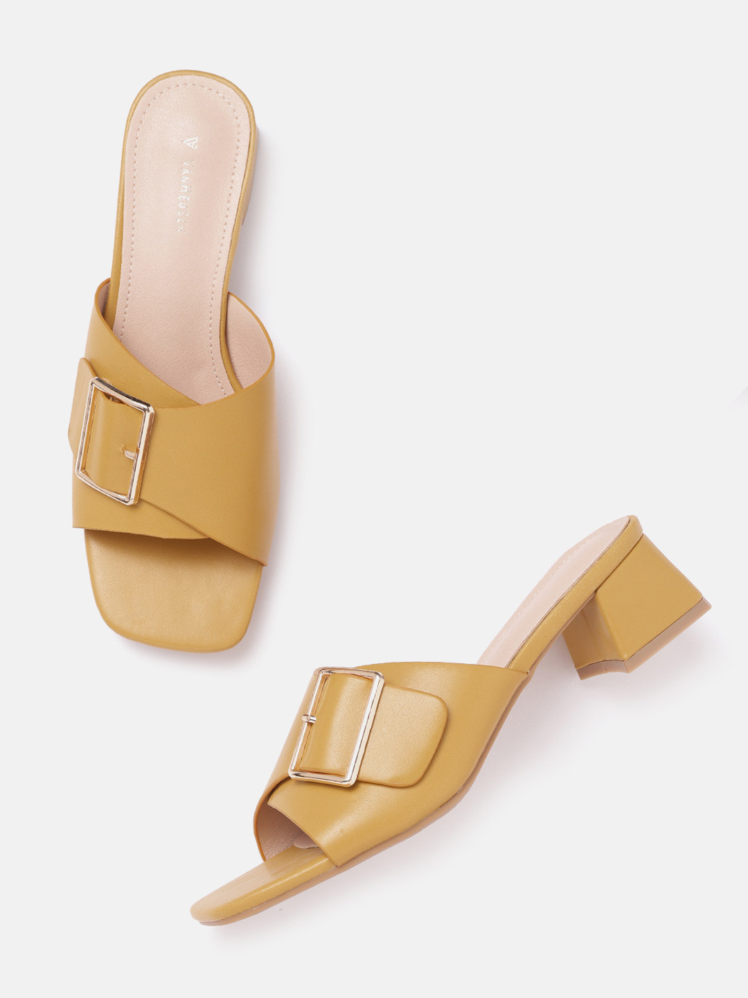Buy Van Heusen Woman Mustard Yellow Solid Block Heels With Buckle ...