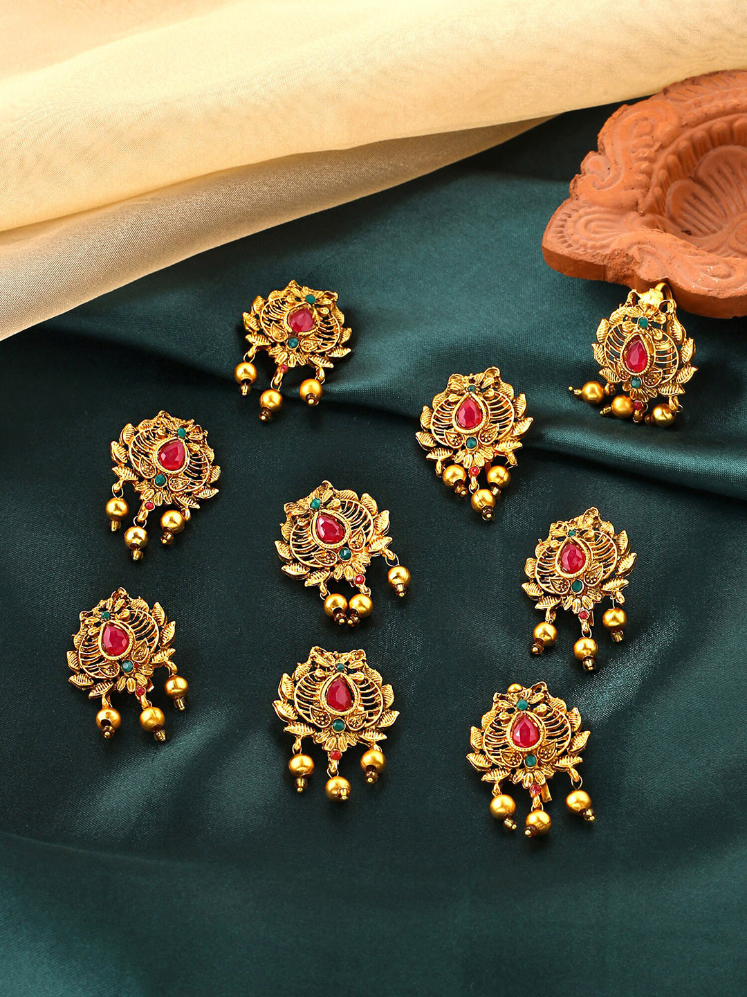 Buy Yellow Chimes Gold Plated Set Of 9 Pink Choti Jadai Billai Bridal ...