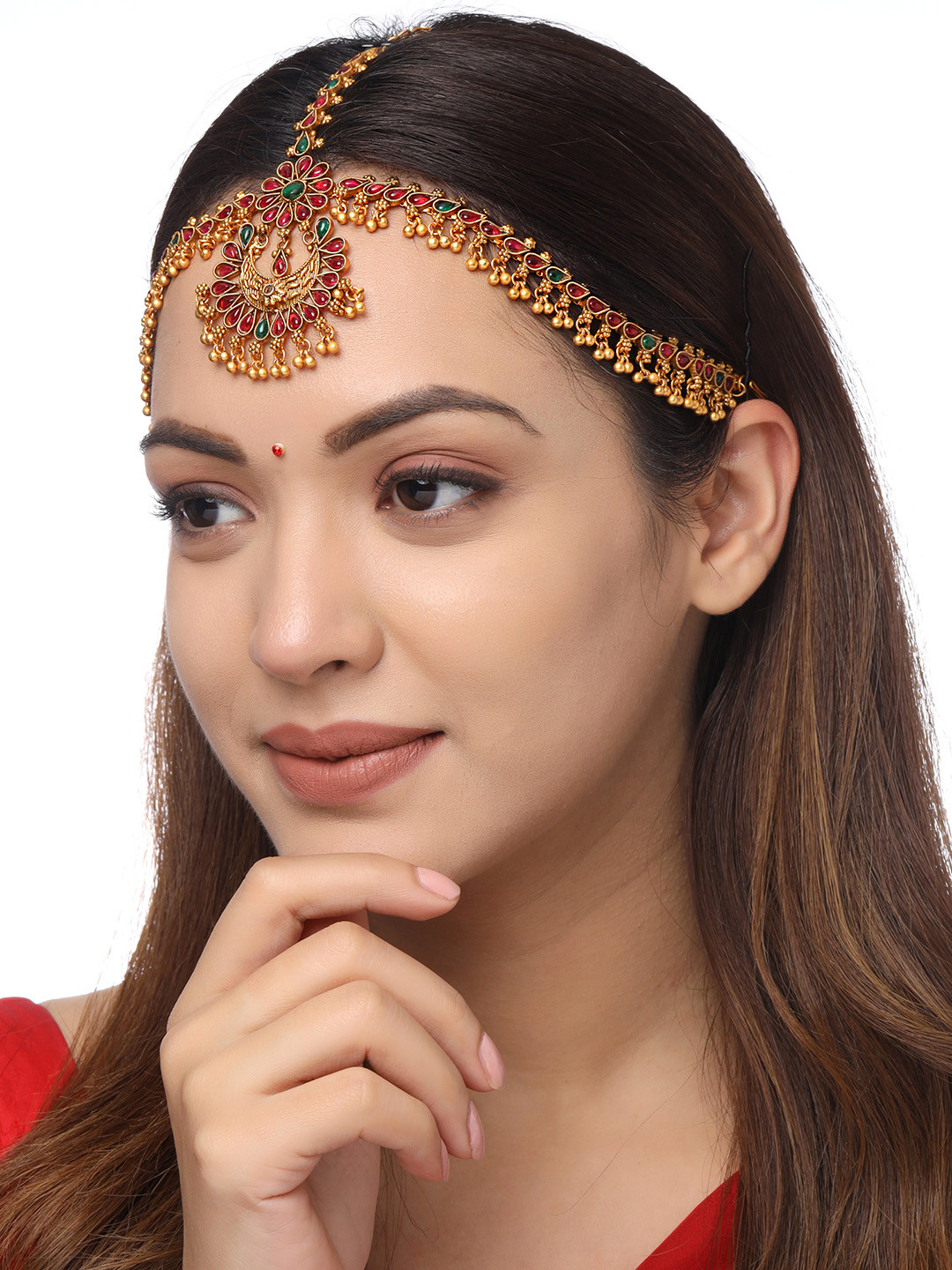 Buy Yellow Chimes Gold Toned Green Kundan Layered Temple Bridal ...