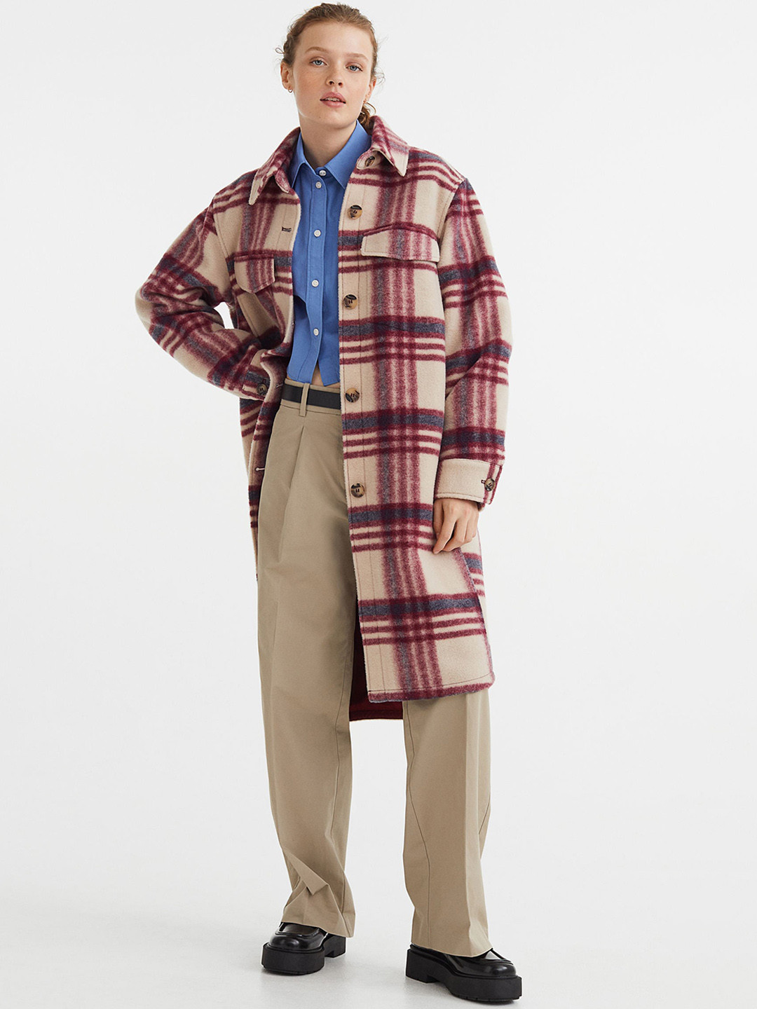 Buy H&M Women Red & Cream Long Shacket - Jackets for Women 19894072 ...