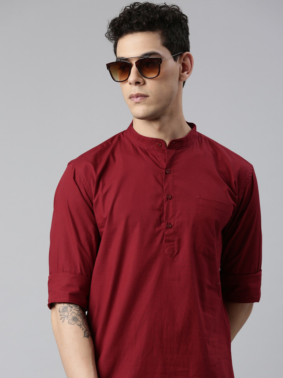 Buy Kryptic Men Maroon Solid Cotton Mandarin Collor Short Kurta ...