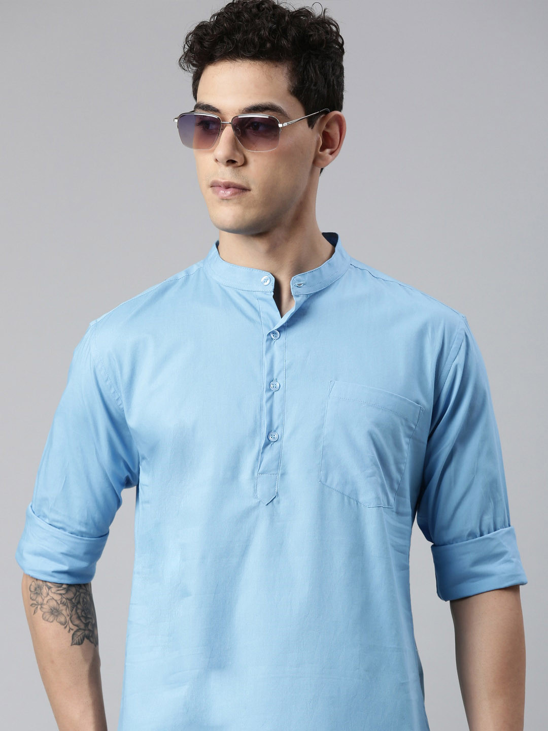 Buy Kryptic Men Blue Solid Cotton Mandarin Collor Short Kurta - Kurtas ...