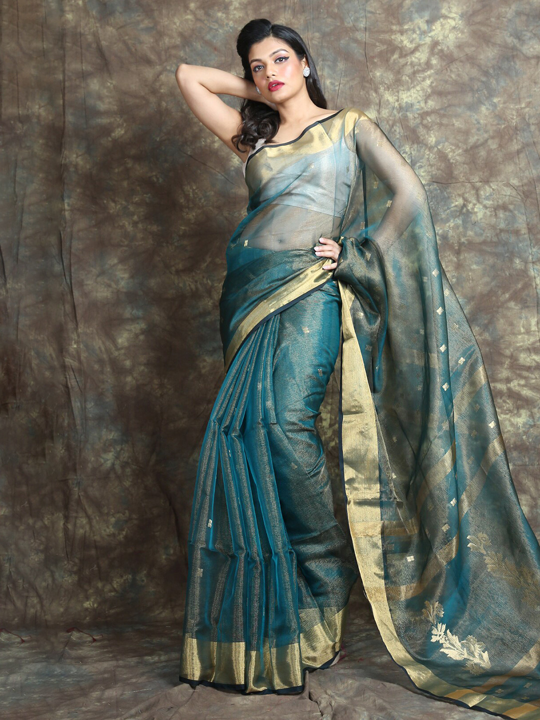 Buy Arhi Teal & Gold Toned Zari Pure Silk Saree - Sarees for Women ...