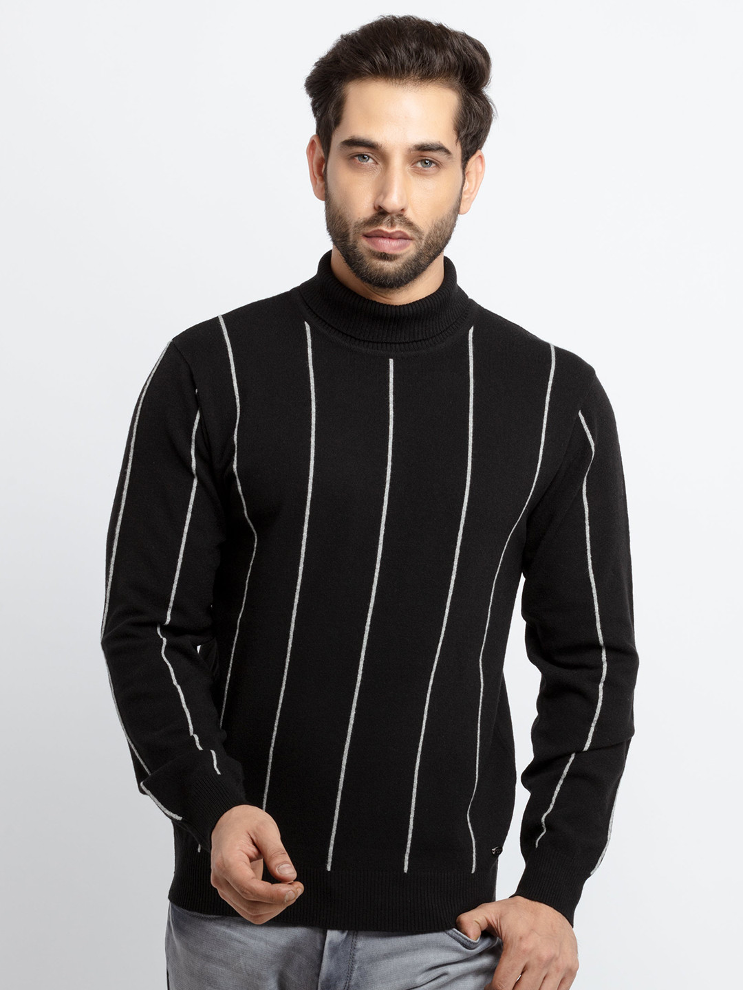 Buy Status Quo Men Black & Off White Striped Acrylic Pullover Sweater ...