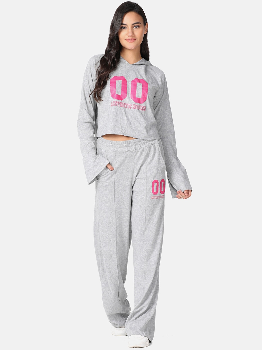 Buy Aesthetic Bodies Women Grey Solid Pure Cotton Hooded Co Ords Co