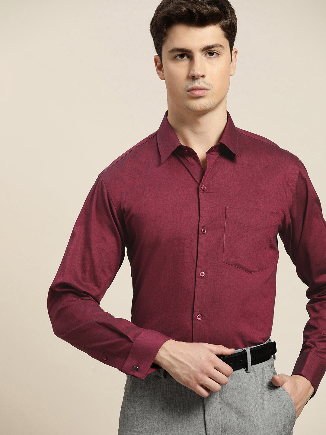 Buy Hancock Men Maroon Slim Fit Solid French Cuff Pure Cotton Formal ...
