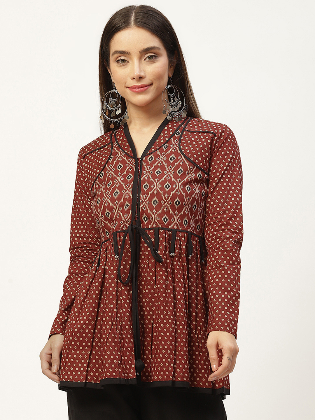 Buy Jaipur Morni Maroon Print Cotton Cinched Waist Top - Tops for Women ...