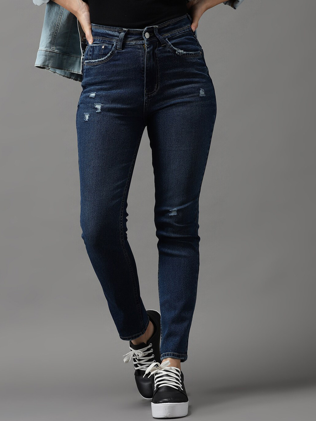 Buy SHOWOFF Women Blue Jean Slim Fit High Rise Low Distress Light Fade ...
