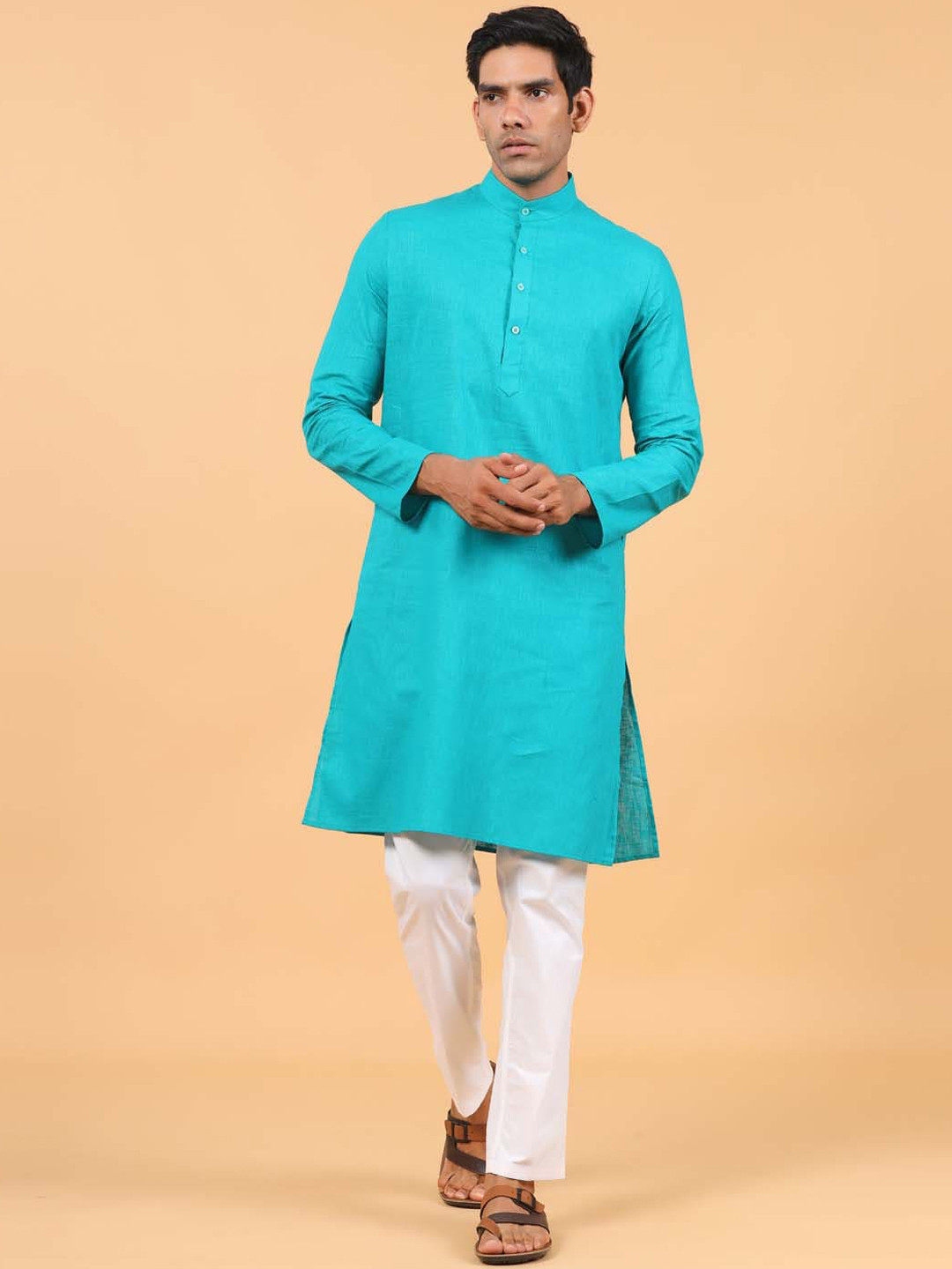 Buy Tistabene Men Turquoise Blue Solid Cotton Kurta - Kurtas for Men ...