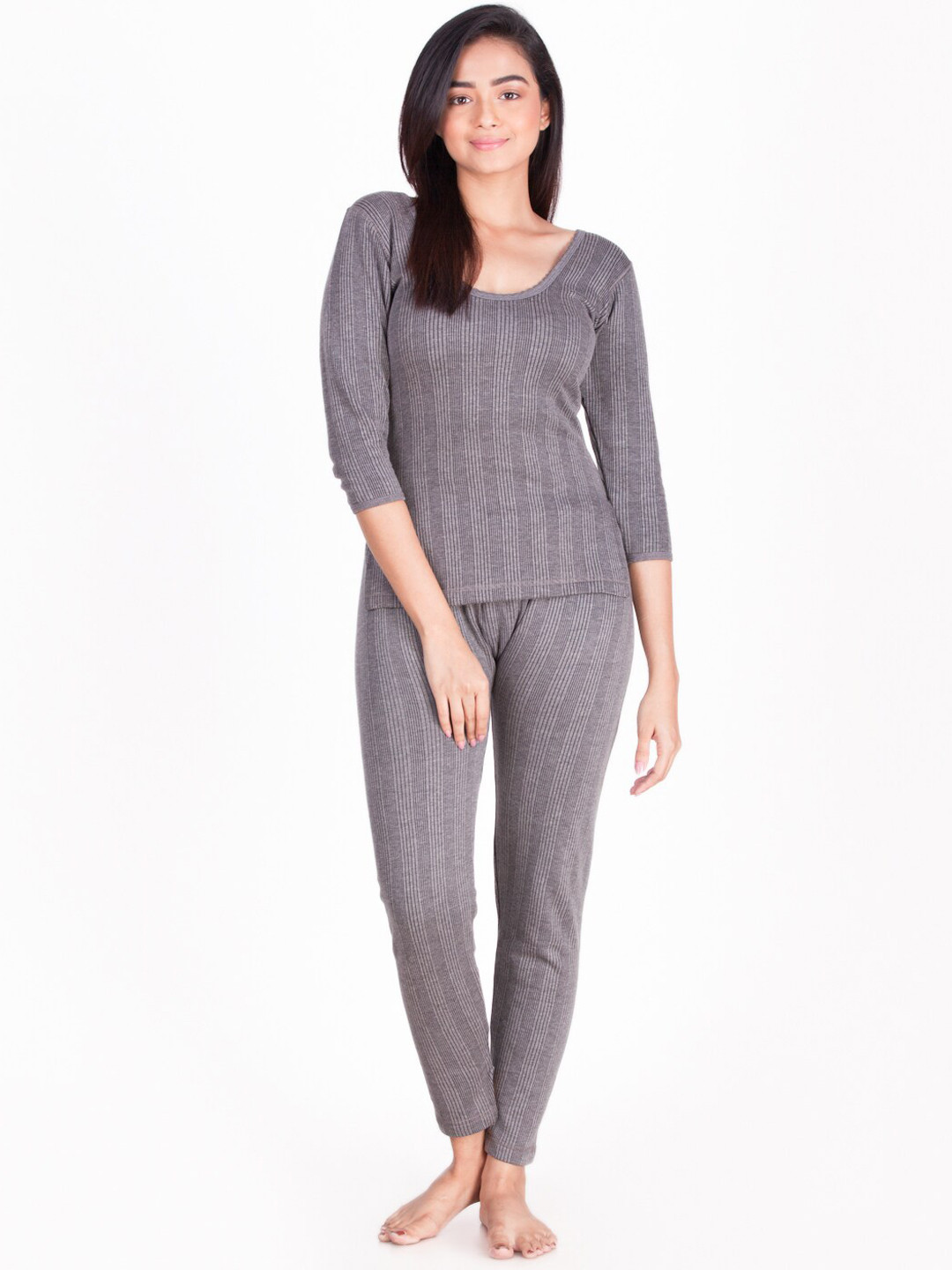 Buy Dollar Ultra Women Charcoal Striped Cotton Thermal Set - Thermal ...
