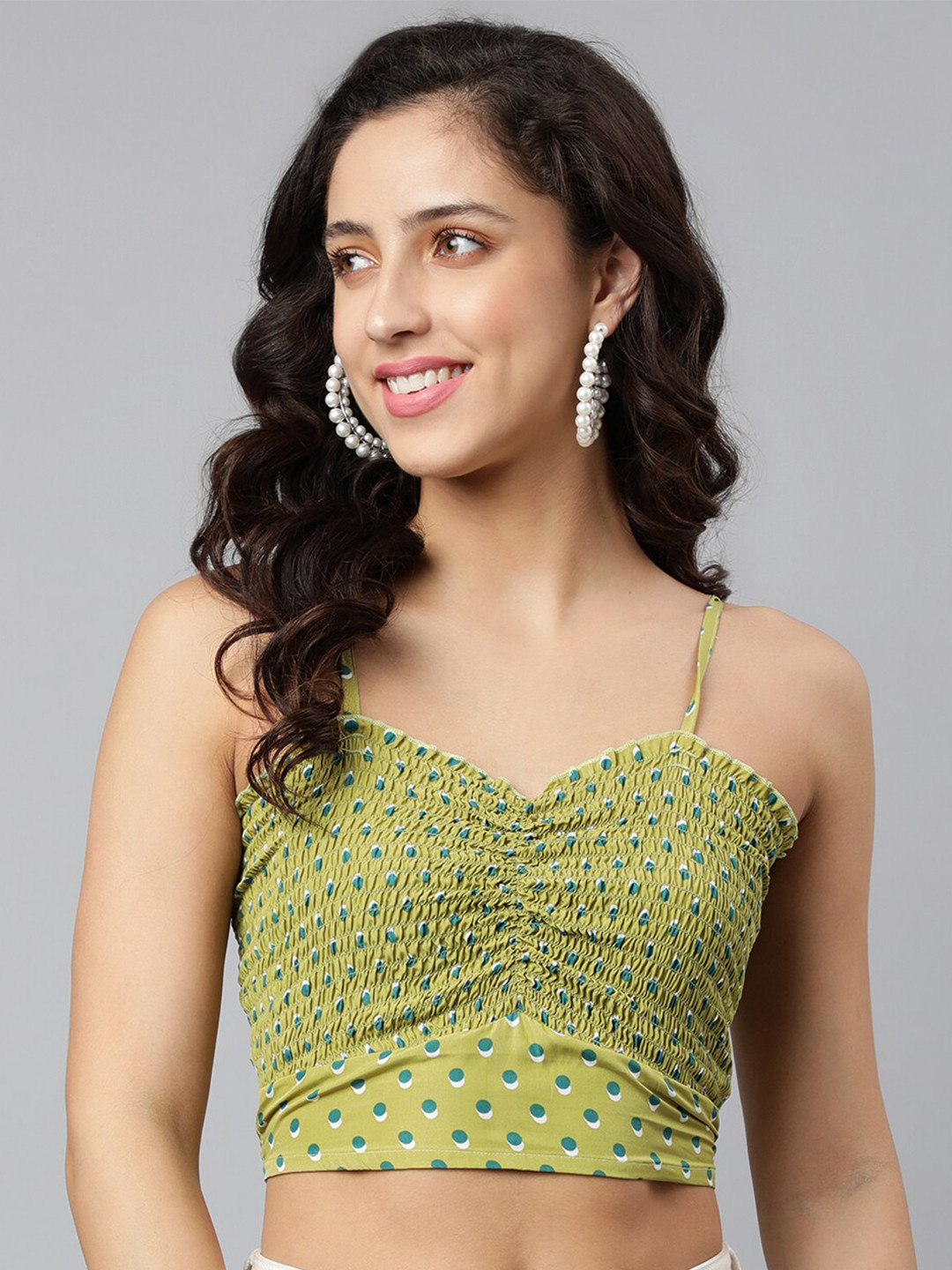 Buy DEEBACO Women Olive Green Polka Dot Print Smocked Crop Top - Tops ...