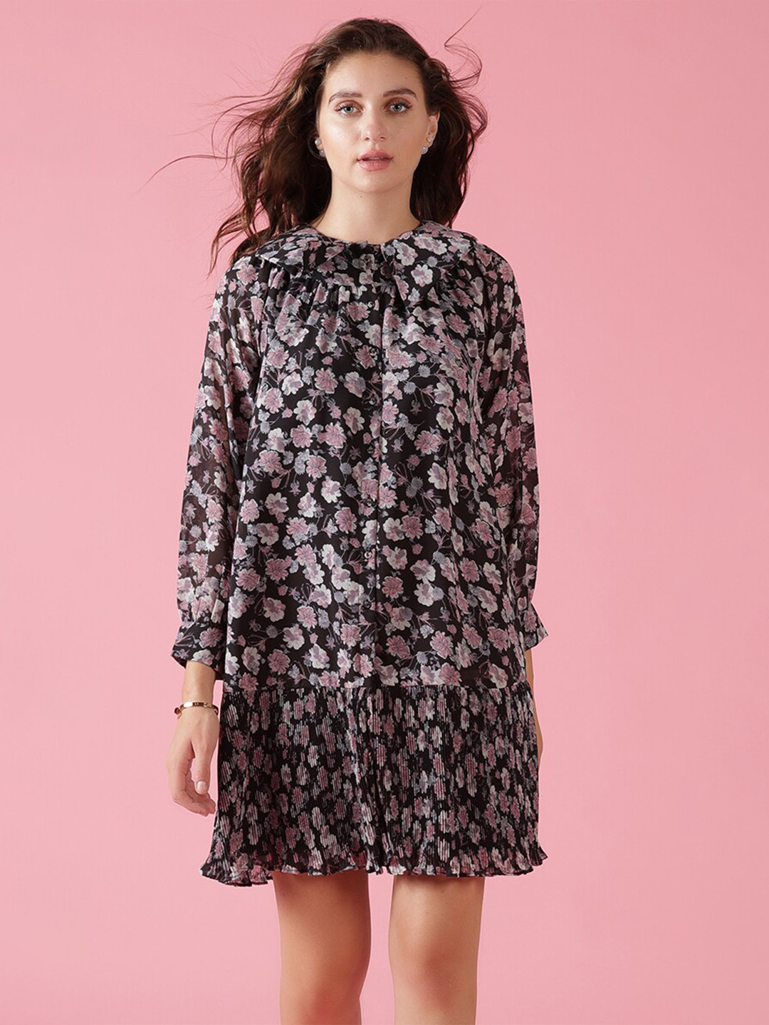 Buy Gipsy Black Floral Peter Pan Collar Georgette A Line Dress ...