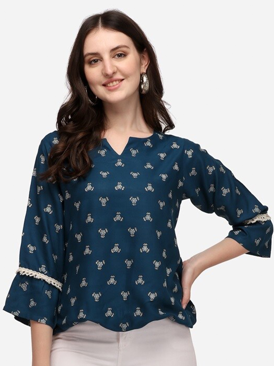 Buy Prettify Women Turquoise Blue Print Keyhole Neck Top Tops For