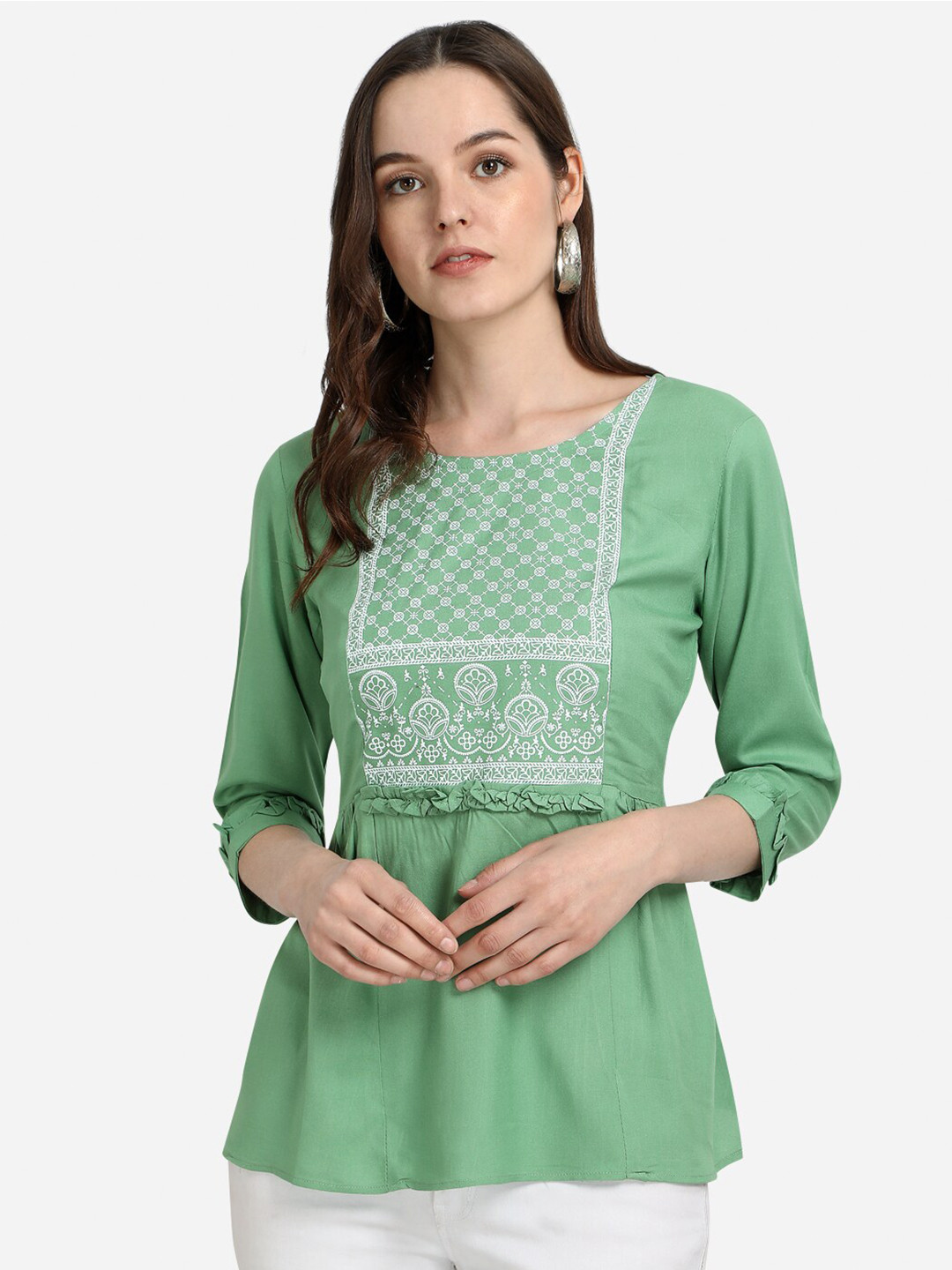 Buy Prettify Women Green 3/4 Sleeves Ethnic Motifs Printed Top - Tops ...