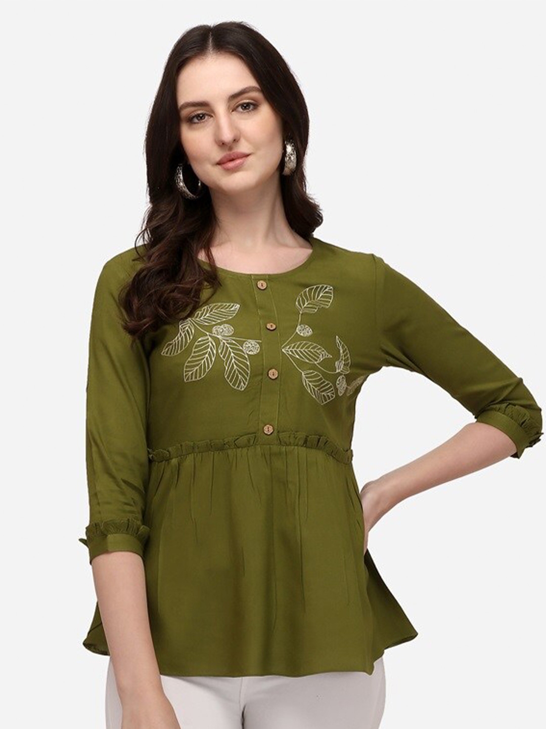 Buy Prettify Women Green 3 4 Sleeves Floral Embroidered Empire Top