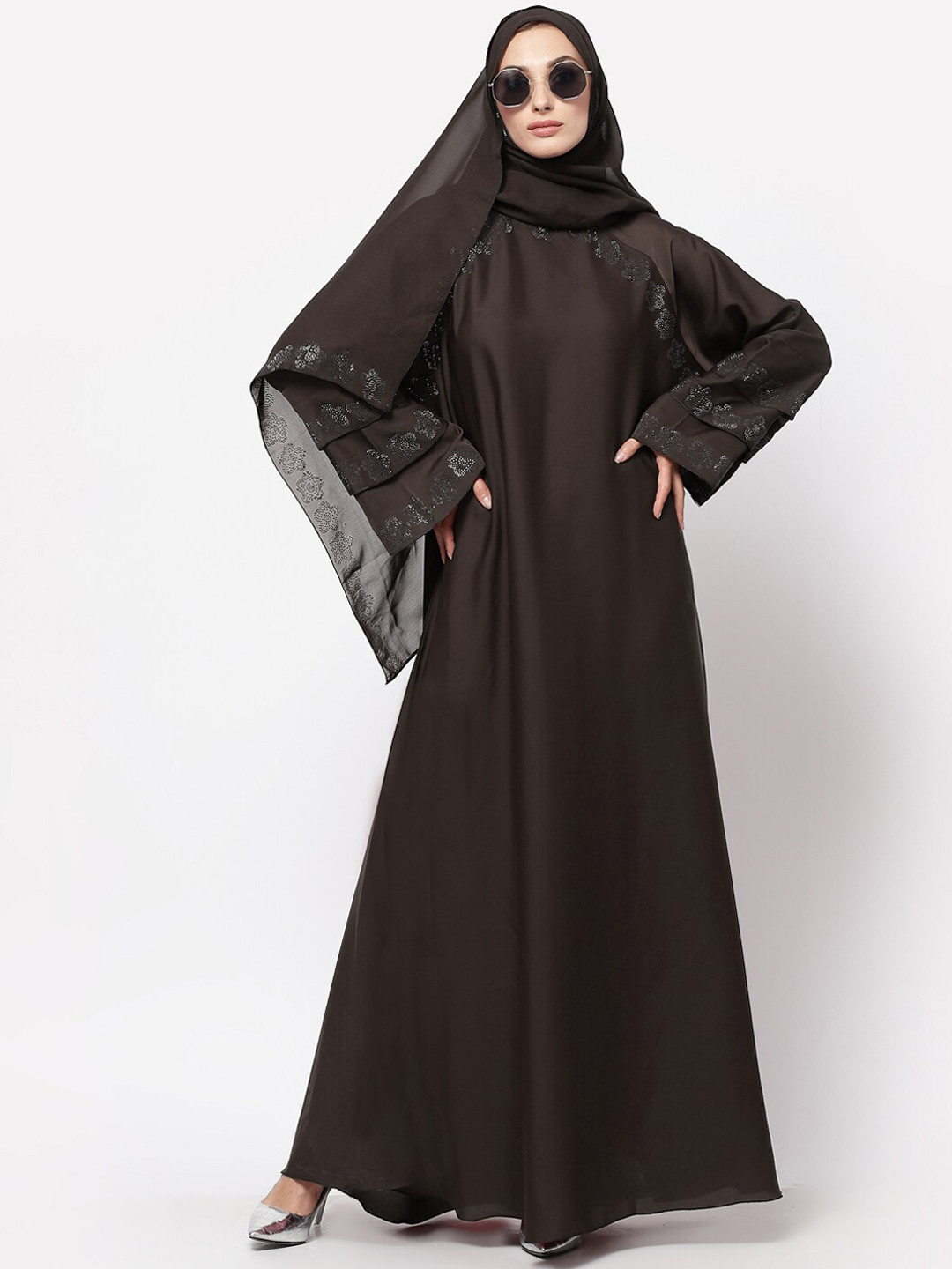 Buy KLOTTHE Women Brown Embellished Burqa With Scarves - Burqas for ...