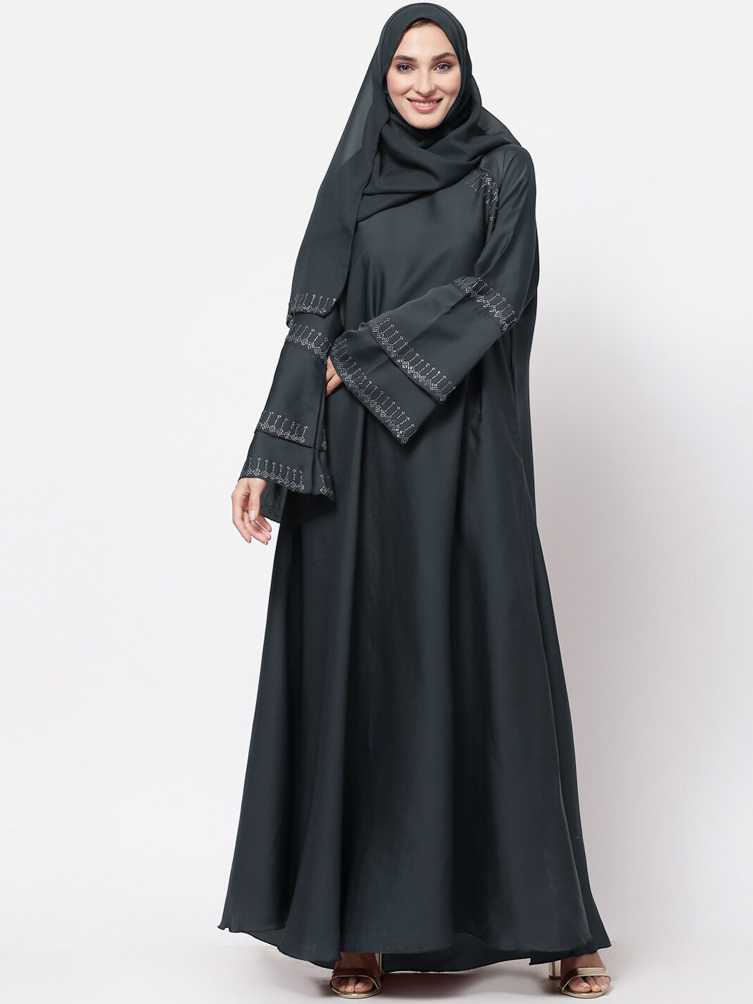 Buy KLOTTHE Women Grey Embellished Burqa With Scarf - Burqas for Women ...