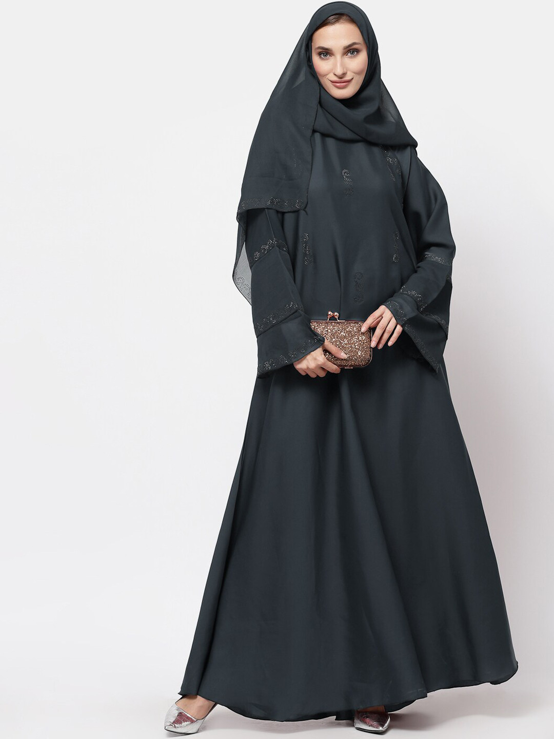 Buy KLOTTHE Women Grey Embellished Burqa With Scarves - Burqas for ...