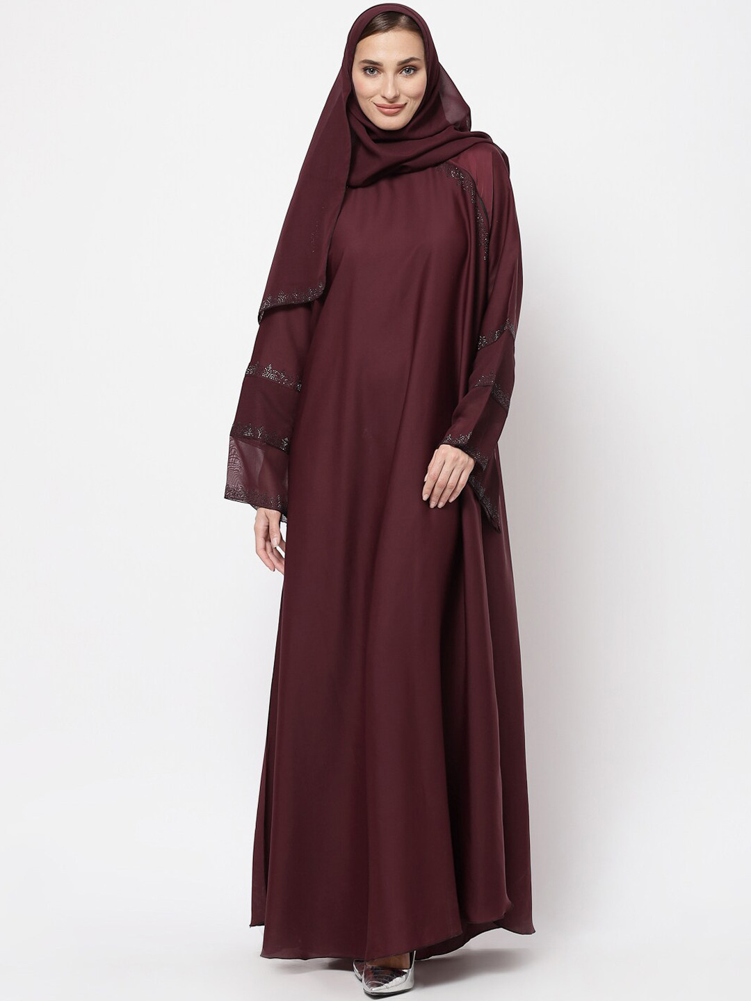 Buy KLOTTHE Women Maroon Embellished Burqa With Scarves - Burqas for ...