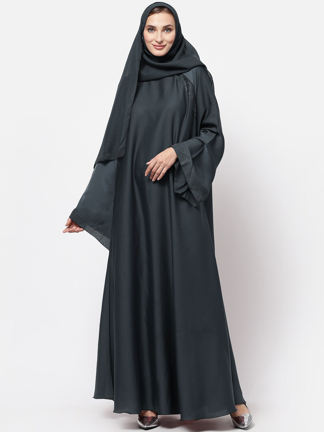 Buy KLOTTHE Women Grey Embellished Burqas With Scarf - Burqas for Women ...