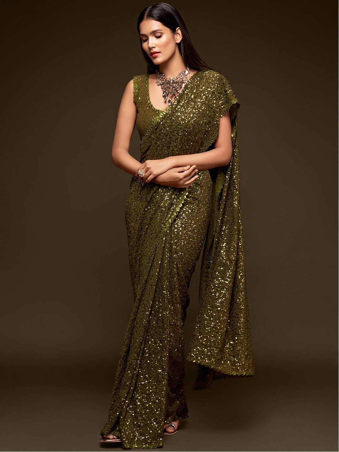 Buy FABPIXEL Olive Green Embellished Sequinned Pure Georgette Saree ...
