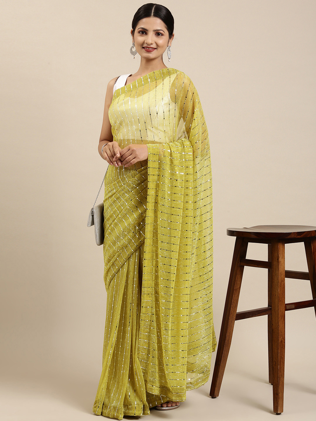 Buy Pothys Lime Green Embellished Sequinned Tissue Saree - Sarees for ...