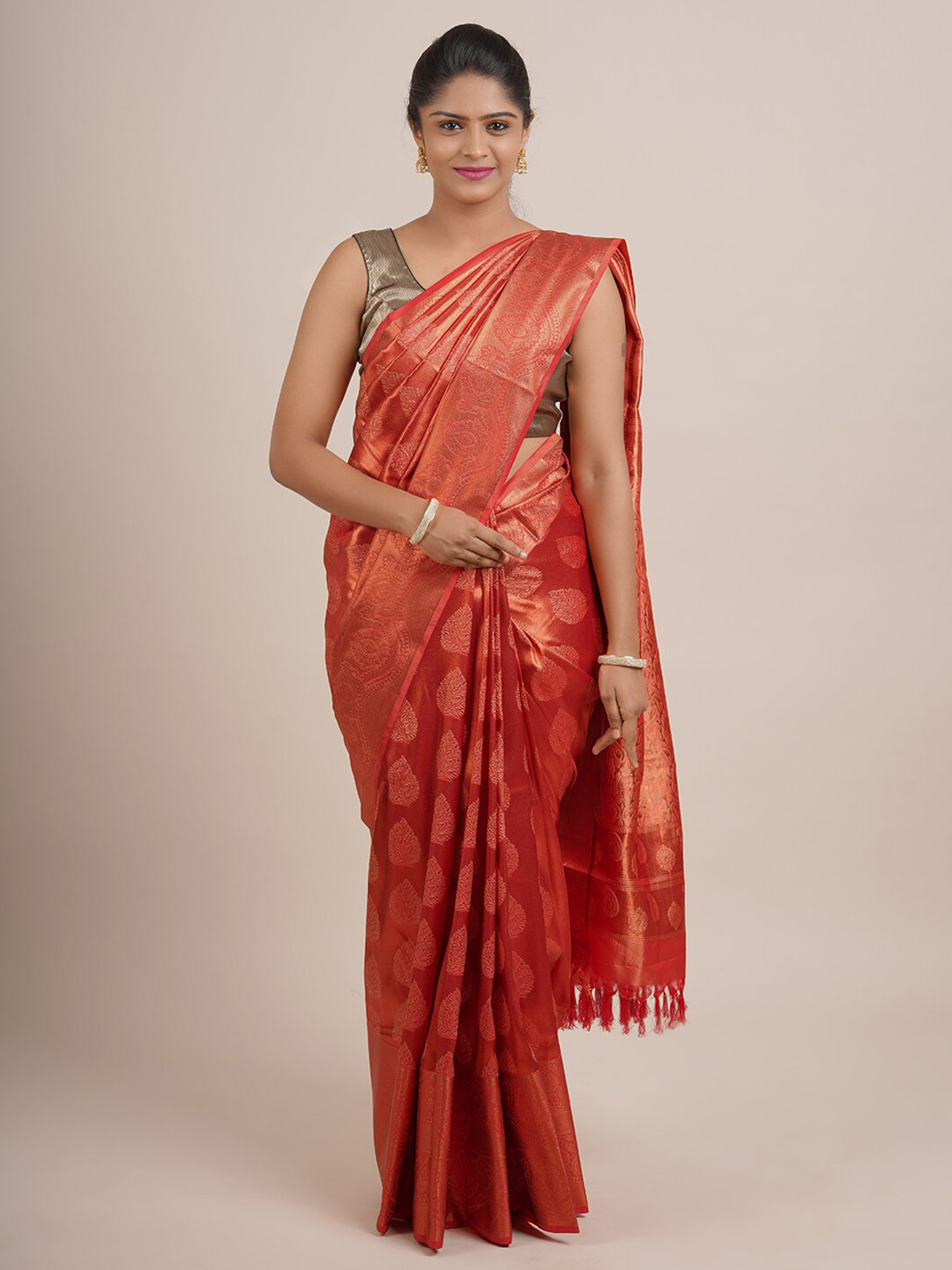 Buy Pothys Red & Gold Toned Ethnic Motifs Zari Pure Silk Saree - Sarees ...