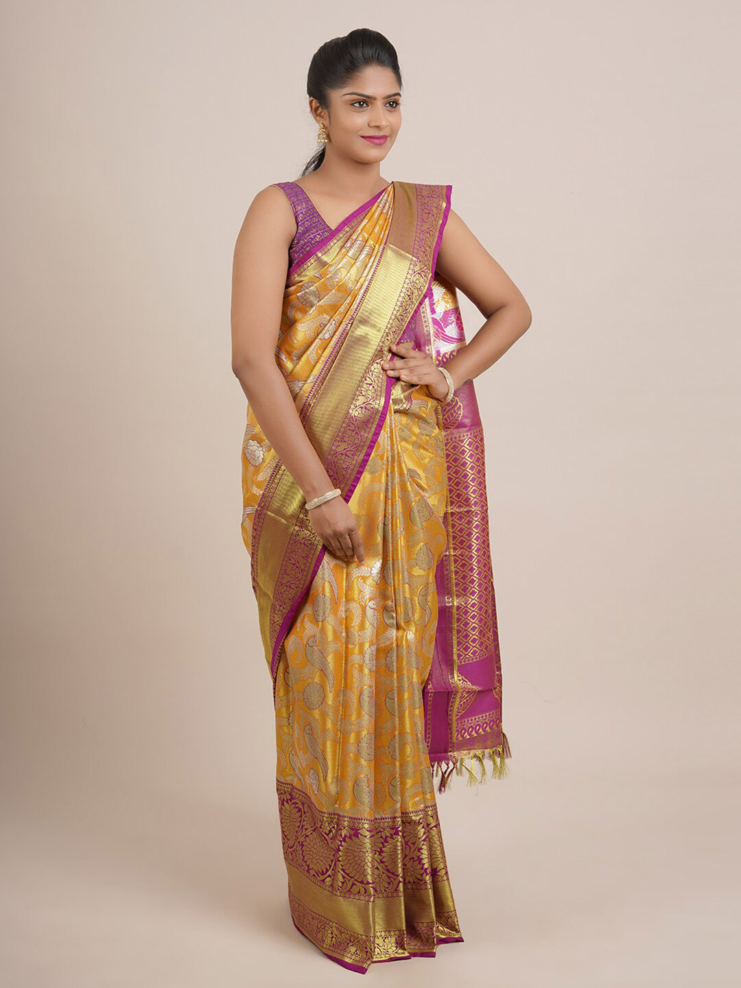 Buy Pothys Orange & Pink Ethnic Motifs Zari Pure Silk Saree - Sarees ...