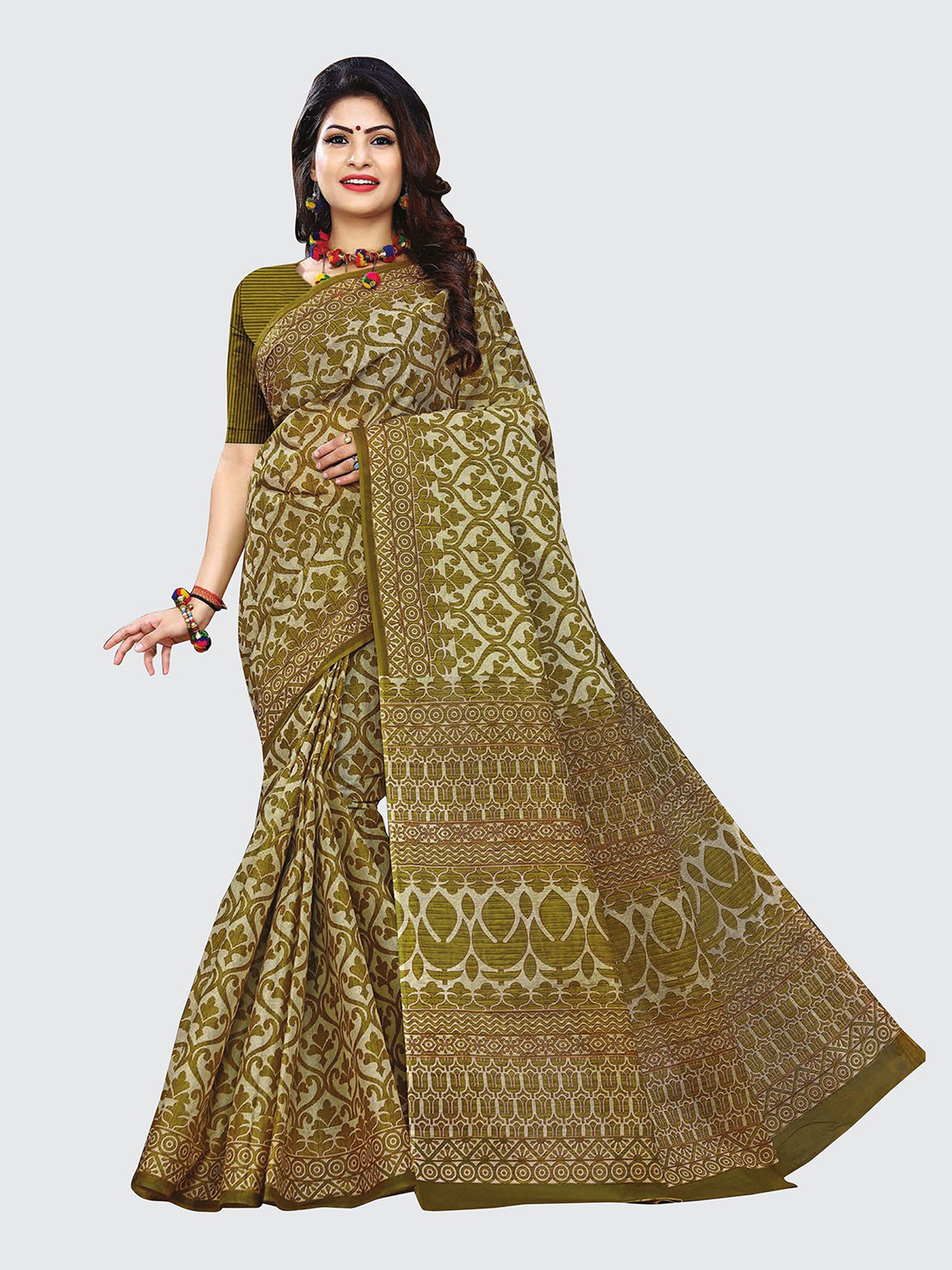 Buy SHANVIKA Beige & Green Ethnic Motifs Pure CottonSaree - Sarees for ...