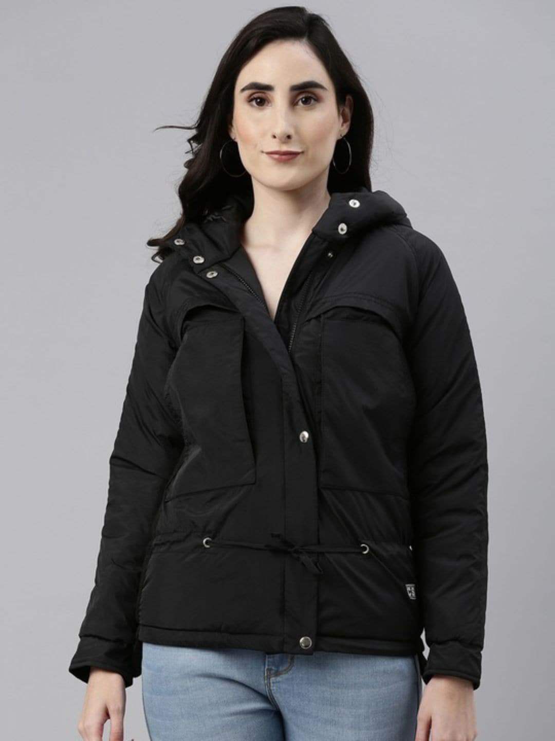 Buy Campus Sutra Women Black Windcheater Outdoor Parka Jacket - Jackets ...