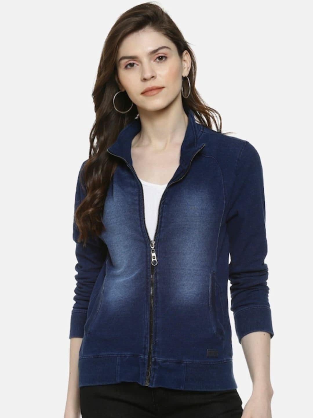 Buy Campus Sutra Women Blue Washed Windcheater Outdoor Denim Jacket ...