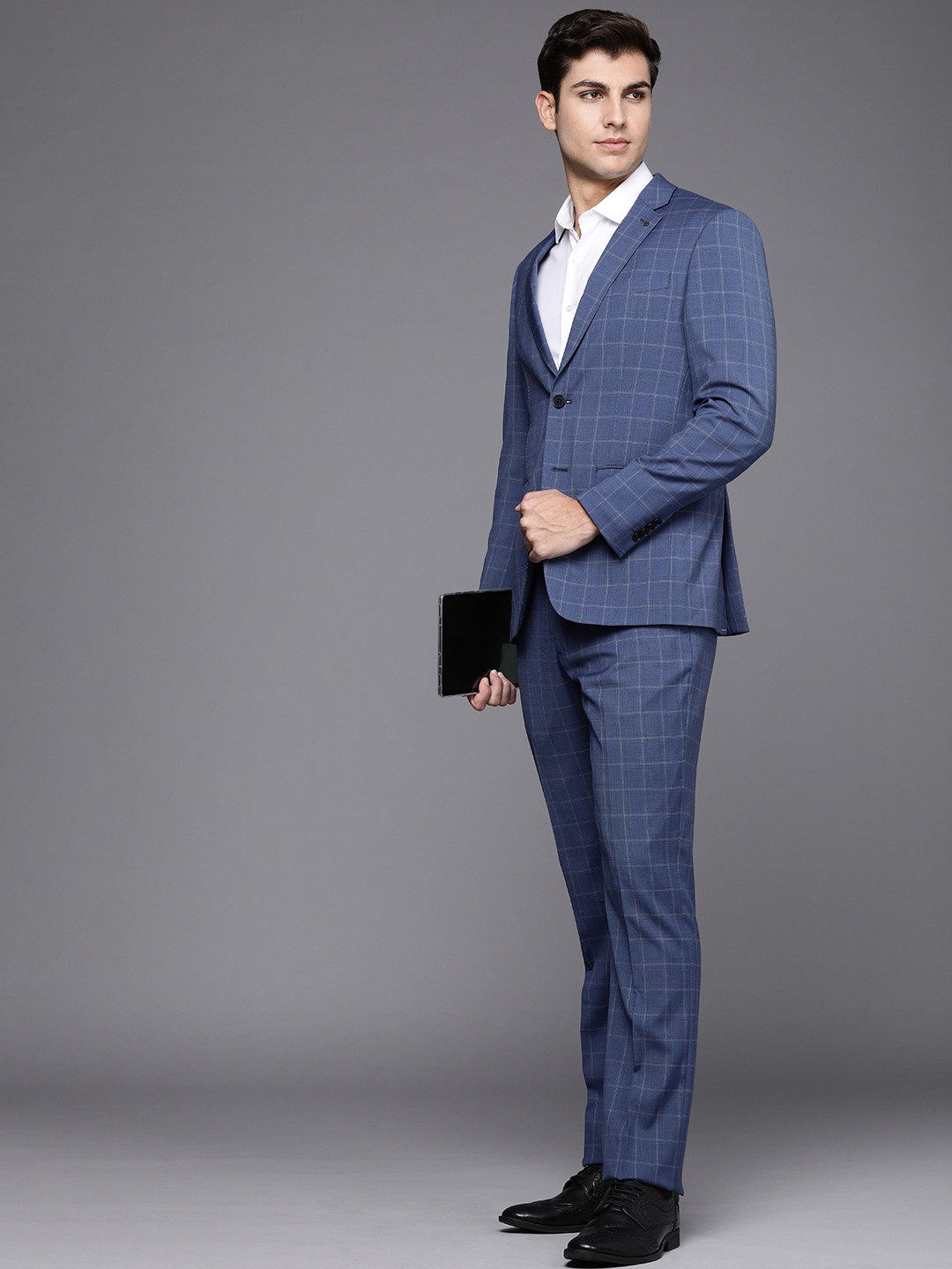 Buy Louis Philippe Men Navy Blue Self Design Checked Slim Fit Single ...