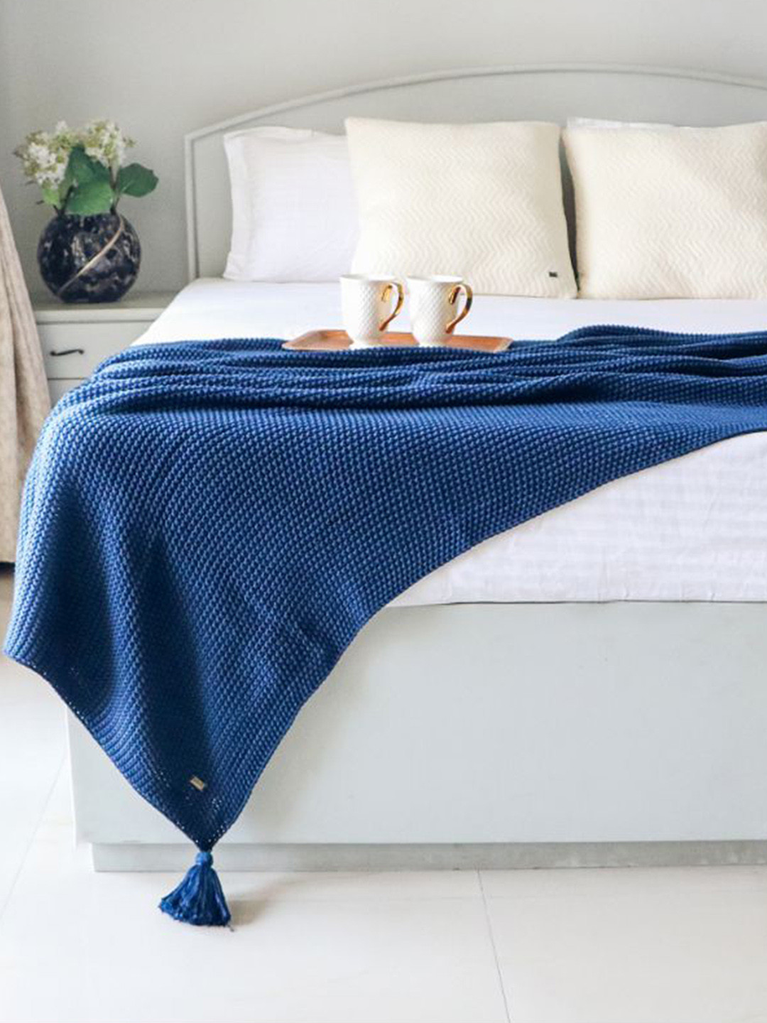 Buy Pluchi Blue Solid Knitted Pure Cotton AC Throws Blanket - Throws ...