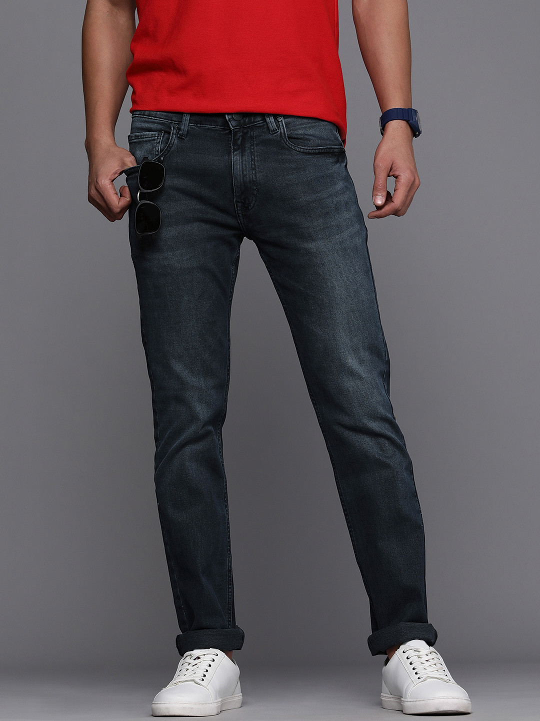 Buy Louis Philippe Jeans Men Navy Blue Slim Fit Mid Rise Light Fade ...