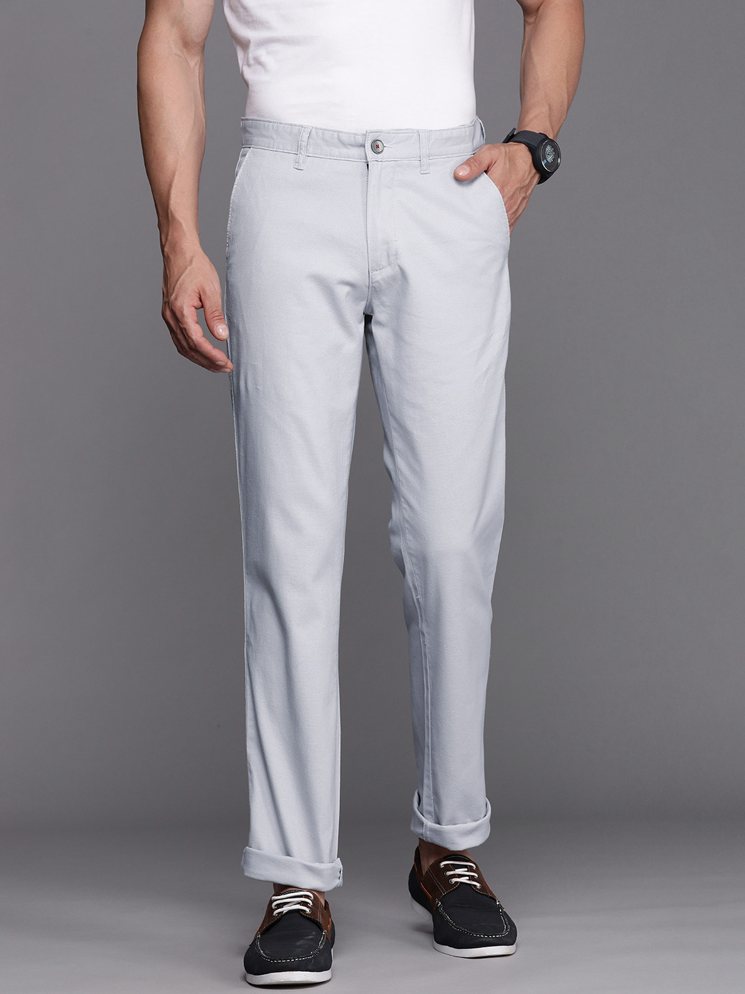Buy Louis Philippe Sport Men Grey Textured Comfort Slim Fit Trousers ...