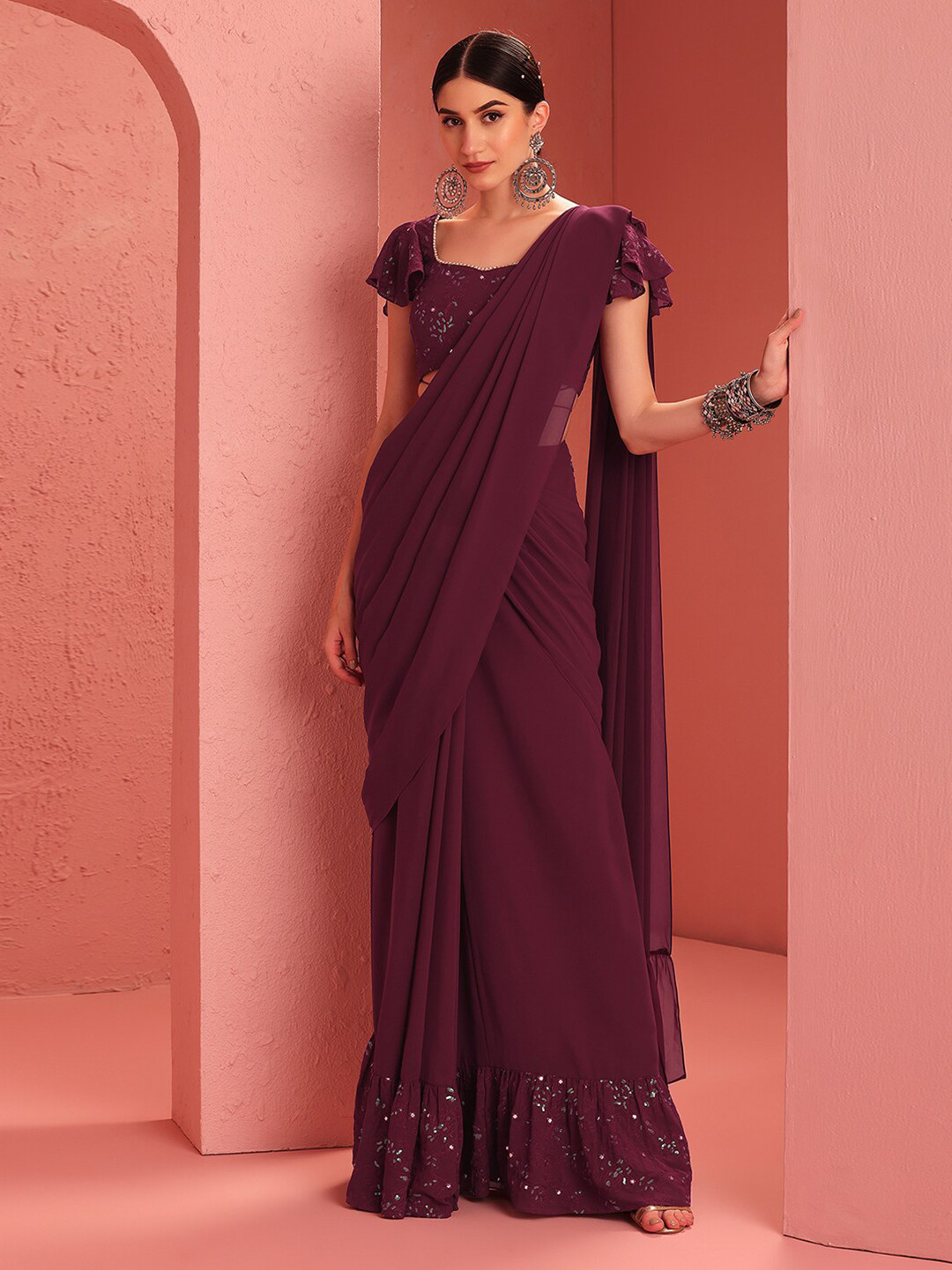 Buy INDYA X Ridhi Mehra Sequin Embroidered Tiered Ready To Wear Saree ...