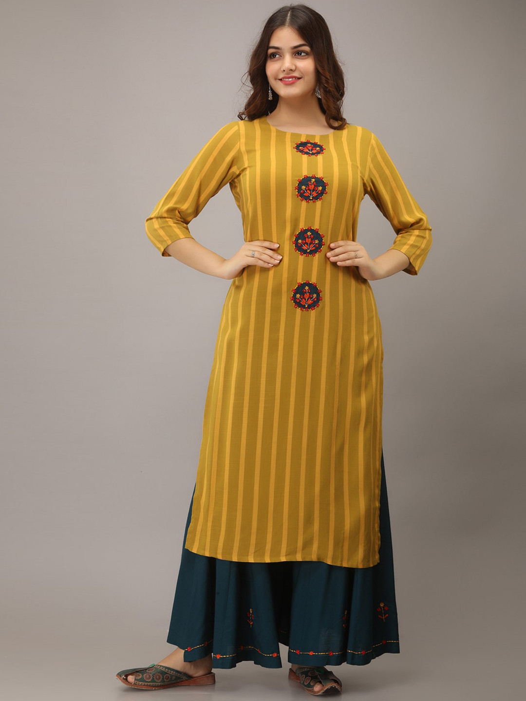 Buy KALINI Women Yellow Embroidered Kantha Work Kurta With Skirt ...