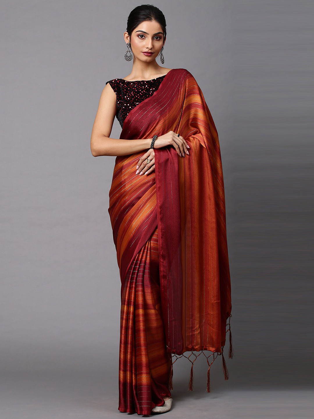 Buy ODETTE Rust & Orange Striped Zari Saree - Sarees for Women 19936500 ...