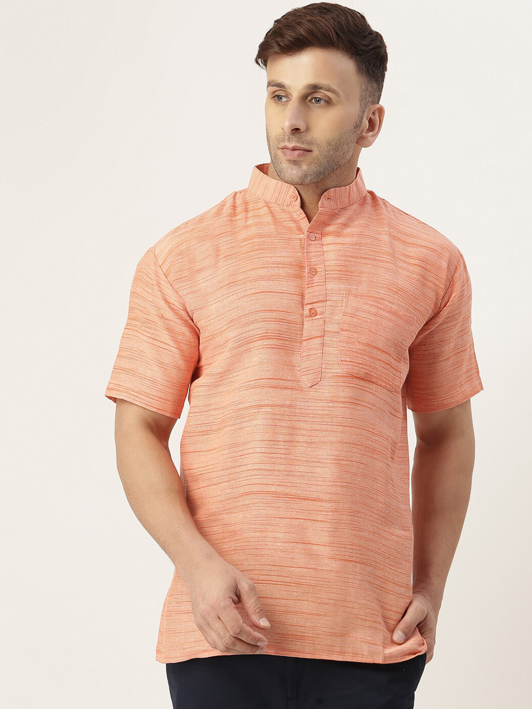 Buy RIAG Men Orange Khadi Half Sleeves Textured Straight Kurta - Kurtas ...