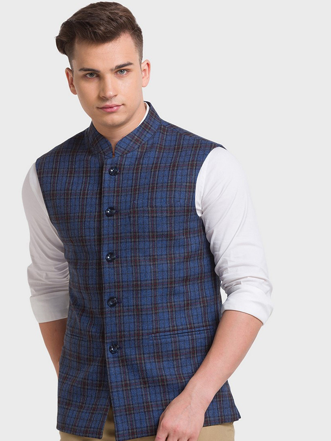 Buy ColorPlus Men Blue Checked Nehru Jacket - Nehru Jackets for Men ...